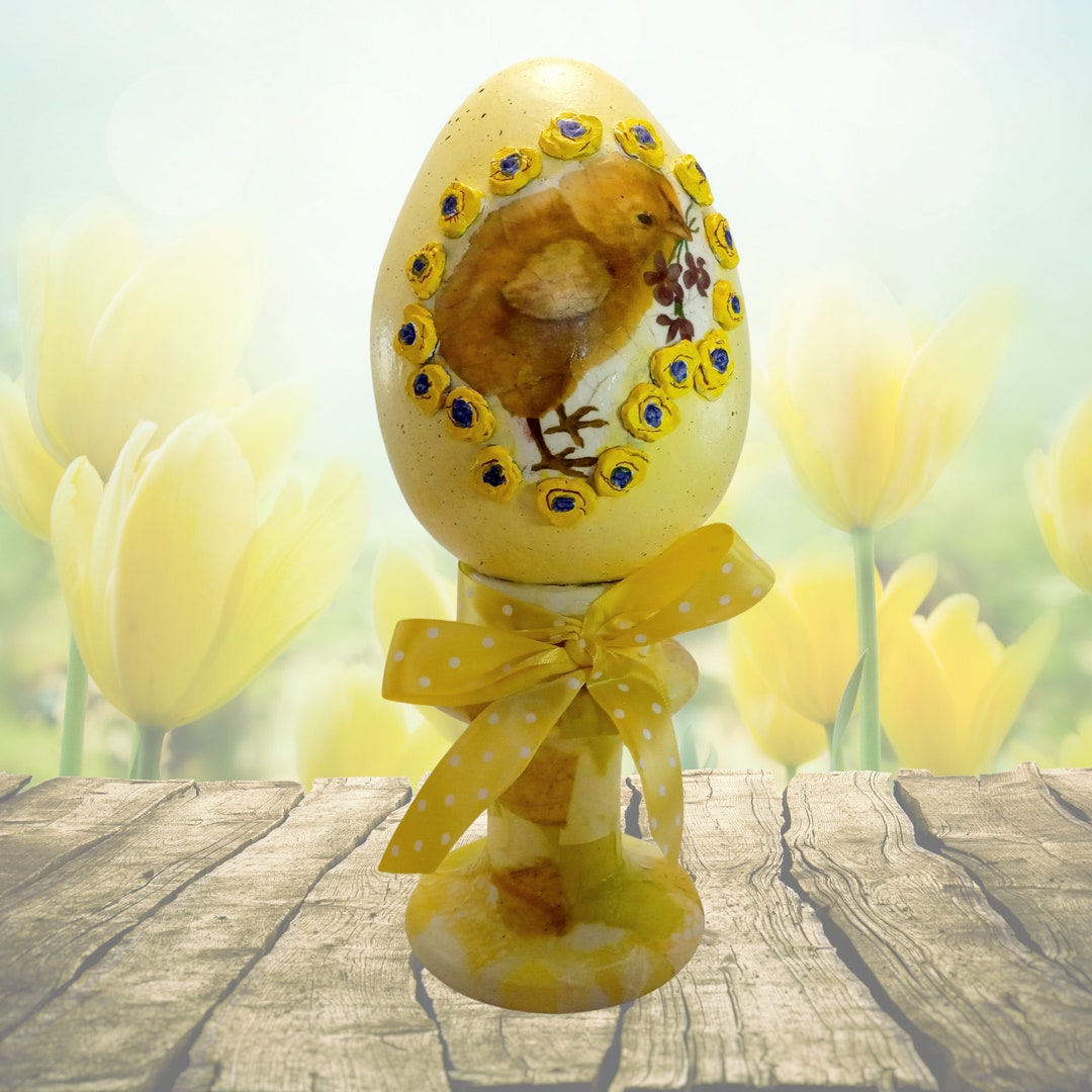 Decoupaged Chick Easter Egg: Large Spring Decor on Pedestal - Etsy