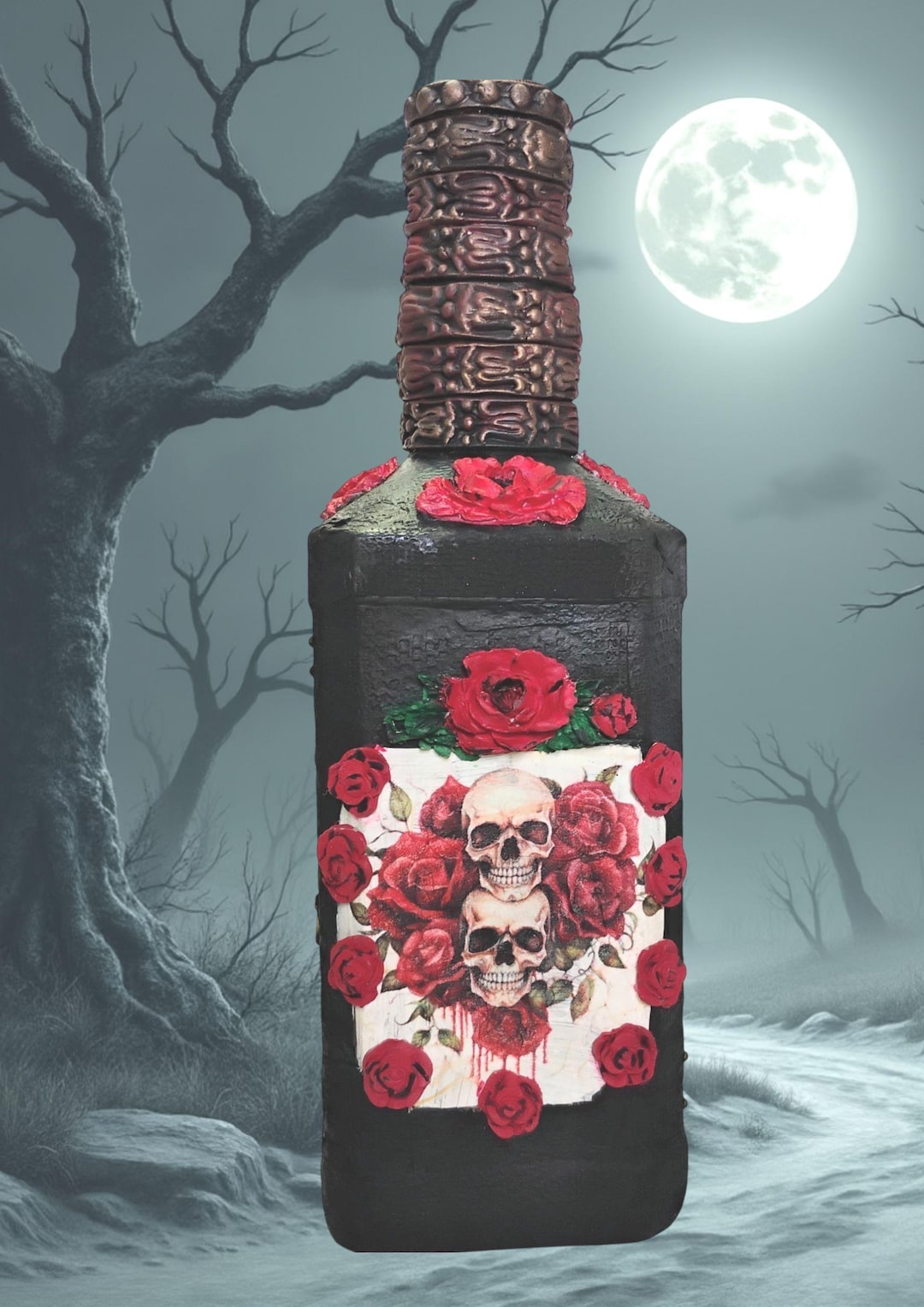 Spooky Bottle Art, Gothic Upcycled Bottle With Skulls and Antique Key ...