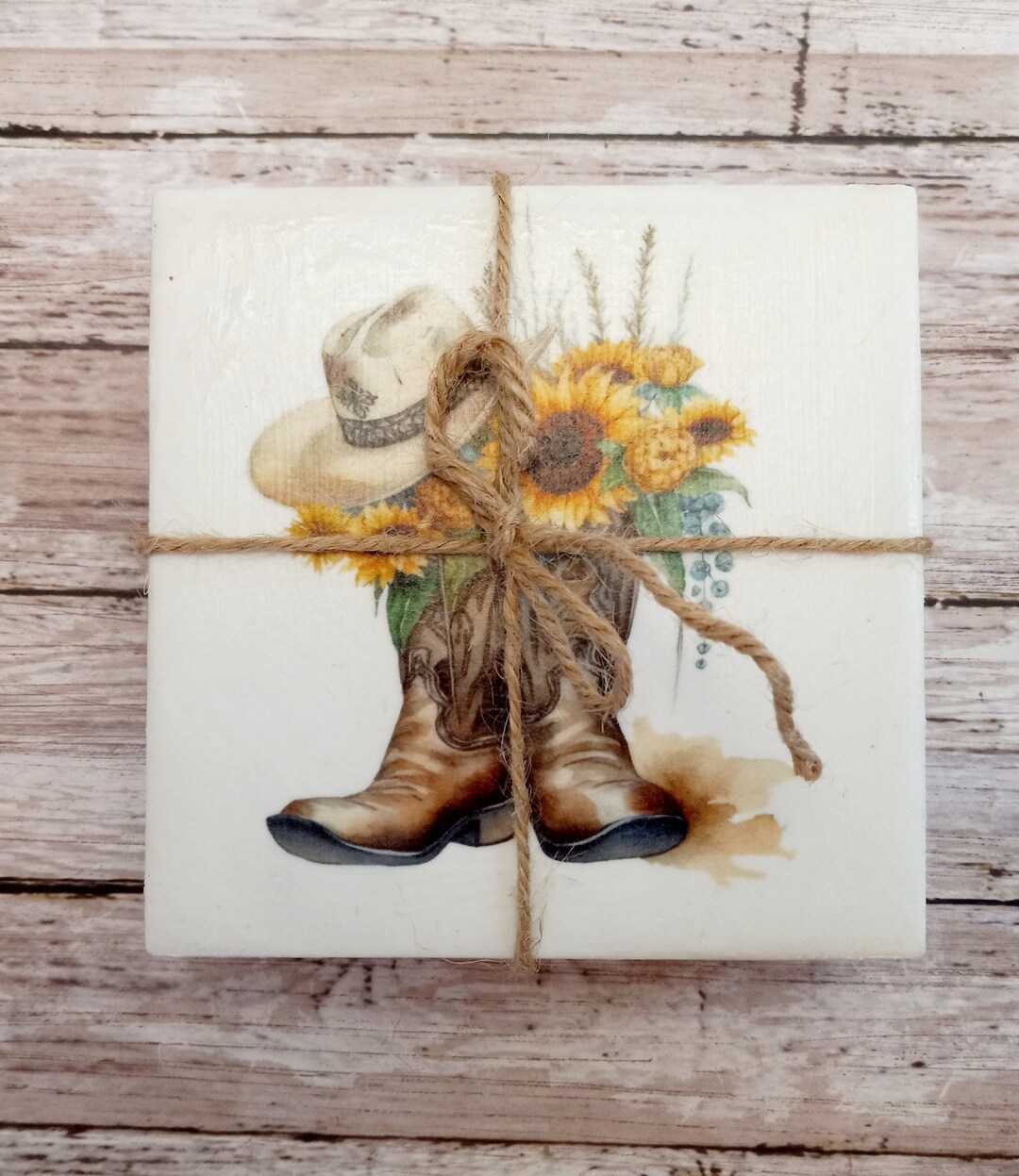 Set of Four Cowboy Boot Drink Coasters, Upcycled Ceramic Tiles, Country ...