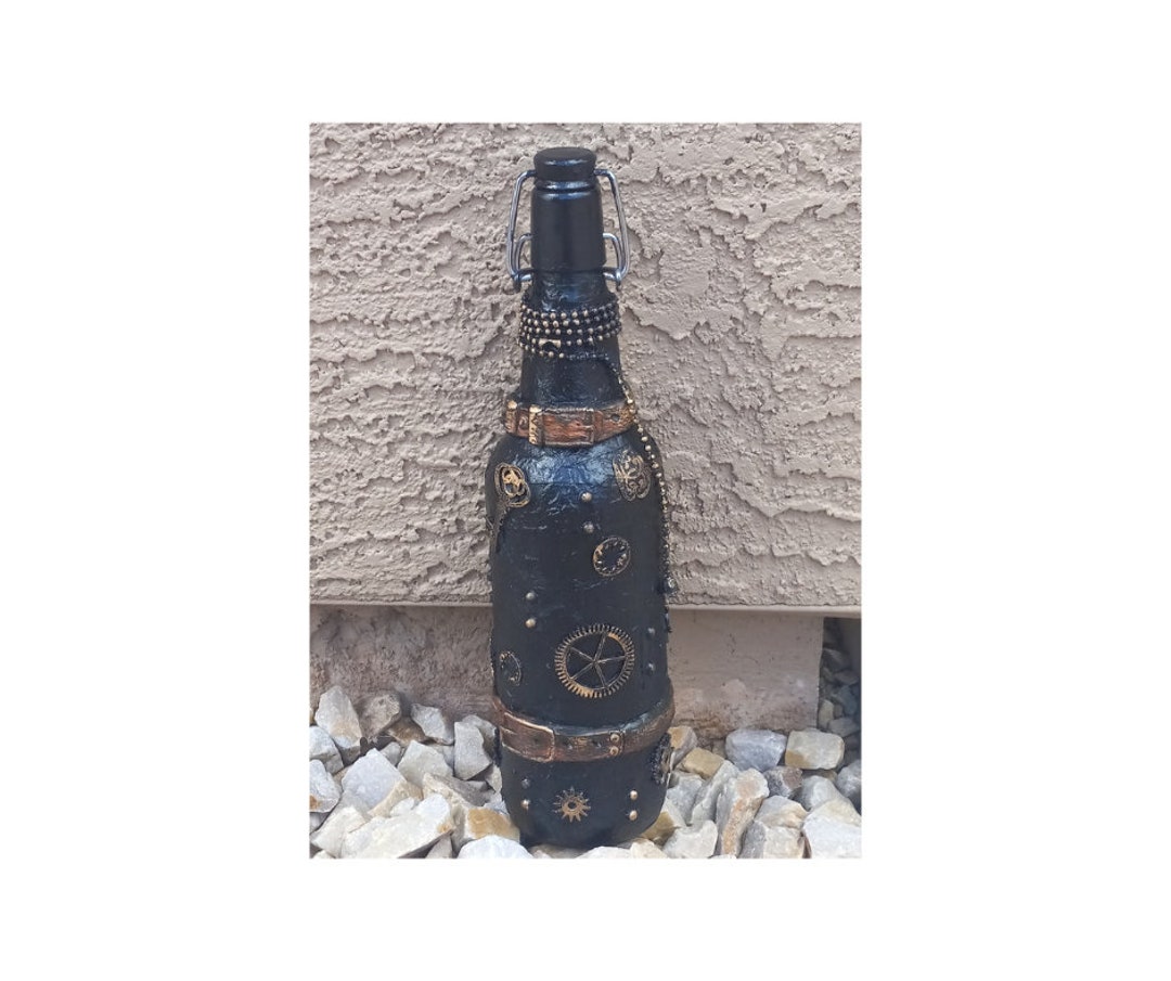 Steampunk Decoupaged Bottle/ Pirate's Grog Bottle/ Halloween Decor/ Upcycled Glass Bottle ...