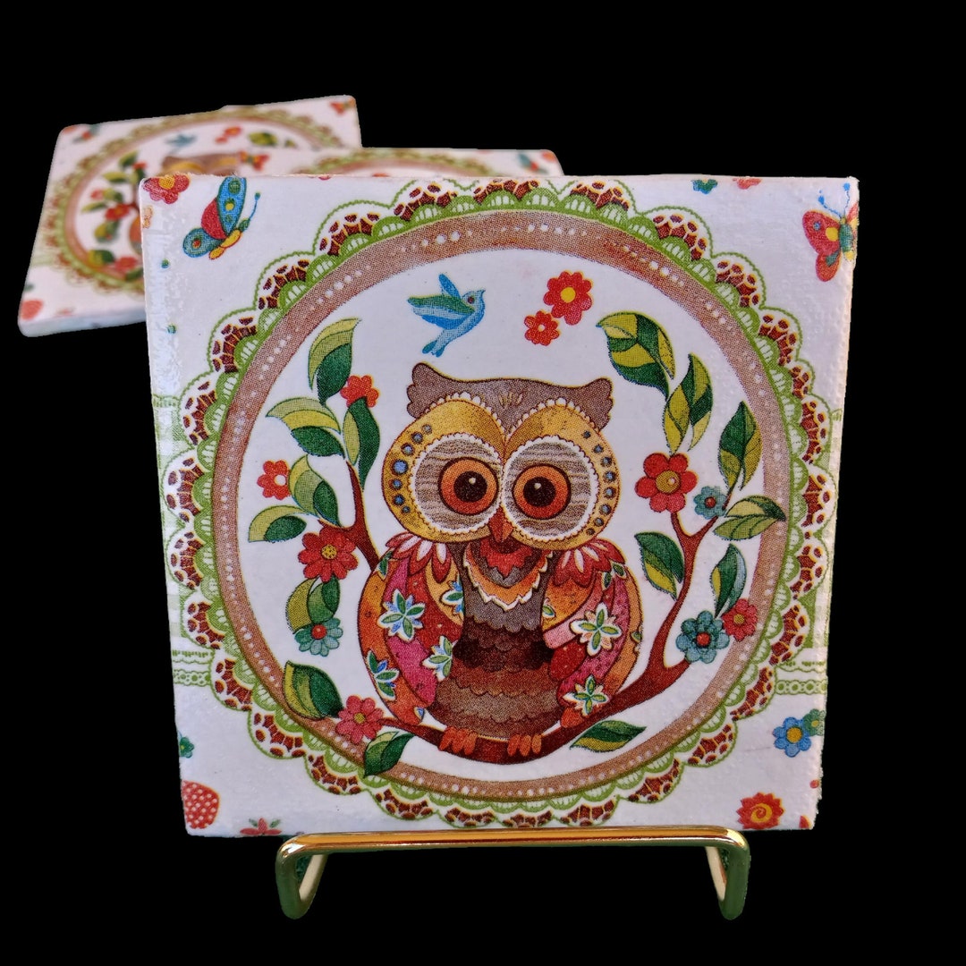 Owl Coasters Set of 4 Decoupaged Subway Tiles, Country Charm Decor ...