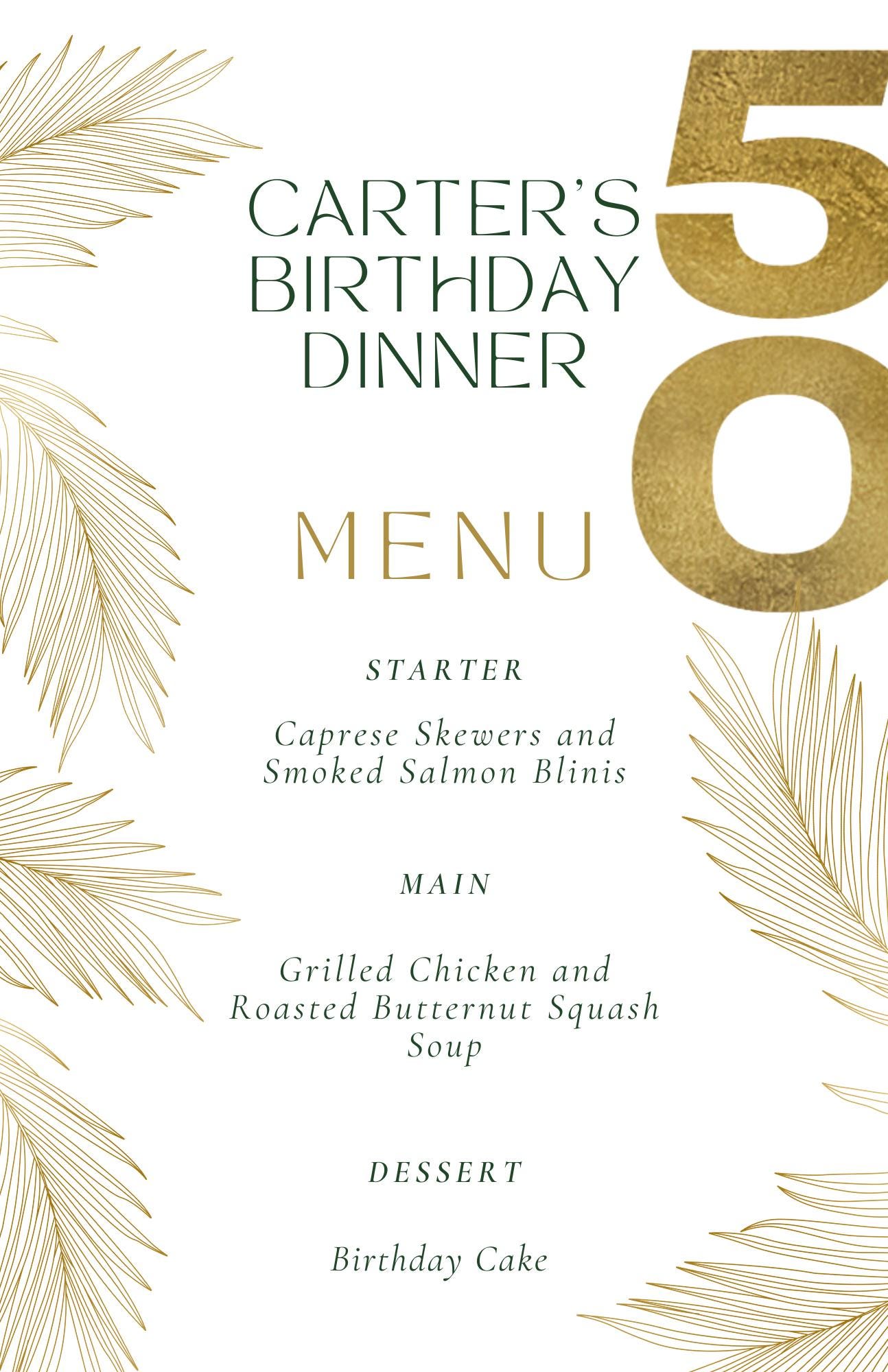 Elegant 50th Birthday Dinner Menu | Printable Green & Gold Party Menu ...
