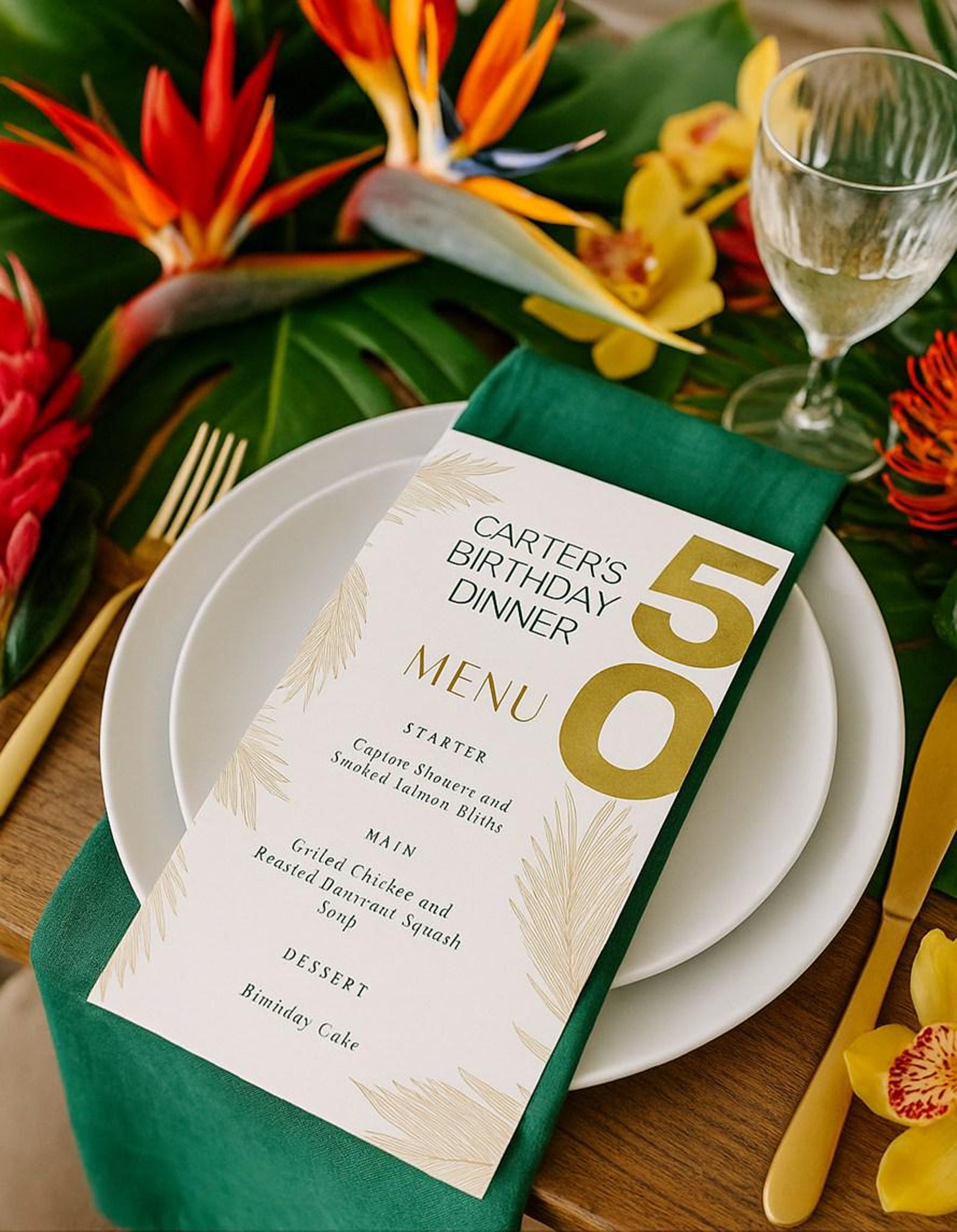 Elegant 50th Birthday Dinner Menu | Printable Green & Gold Party Menu ...