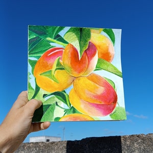 Peach Watercolor Peach Tree Painting Square Peach and Leaves Watercolor ...