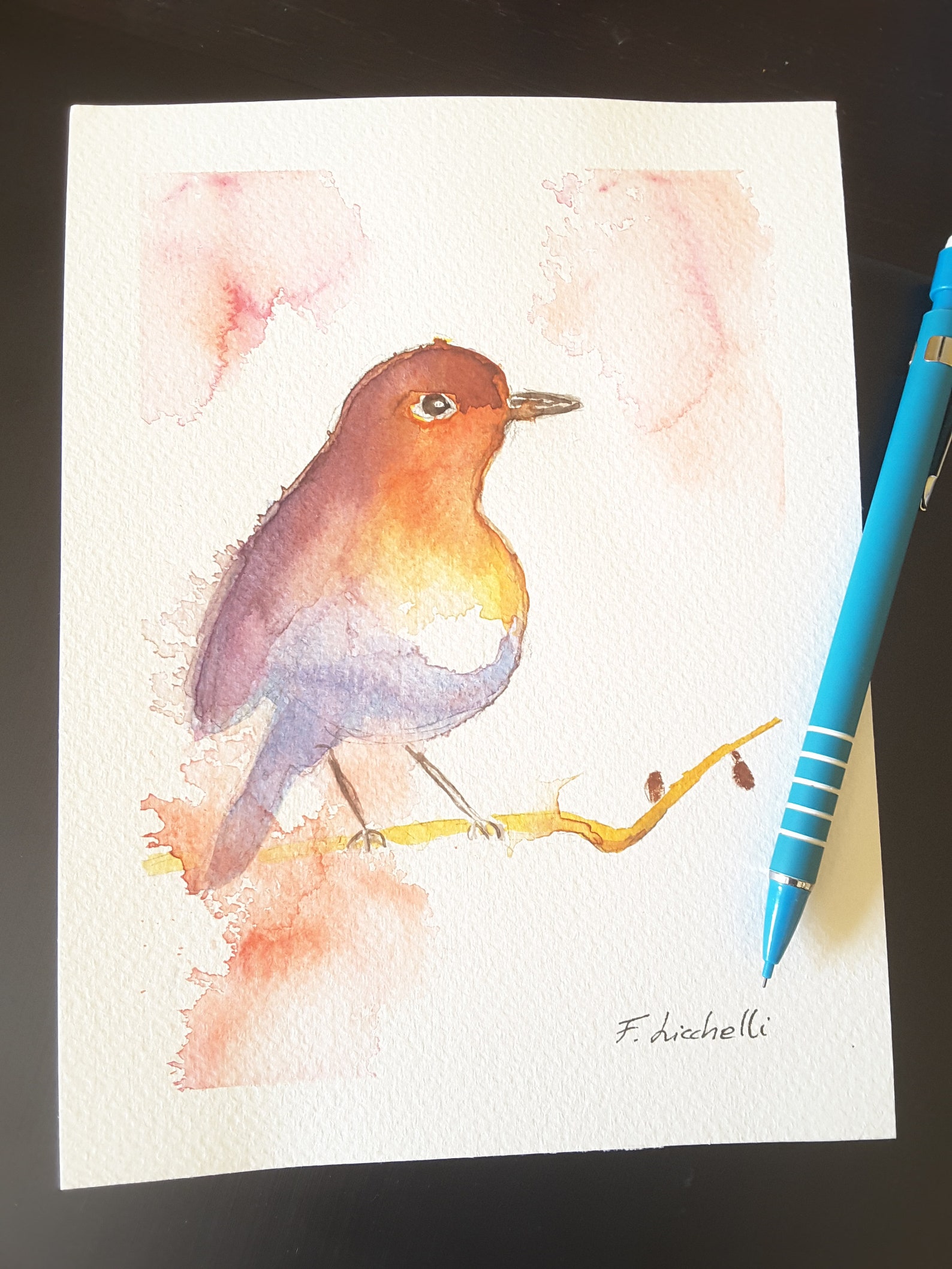 Redbreast Watercolor Painting, Little Robin on the Branch Art ...