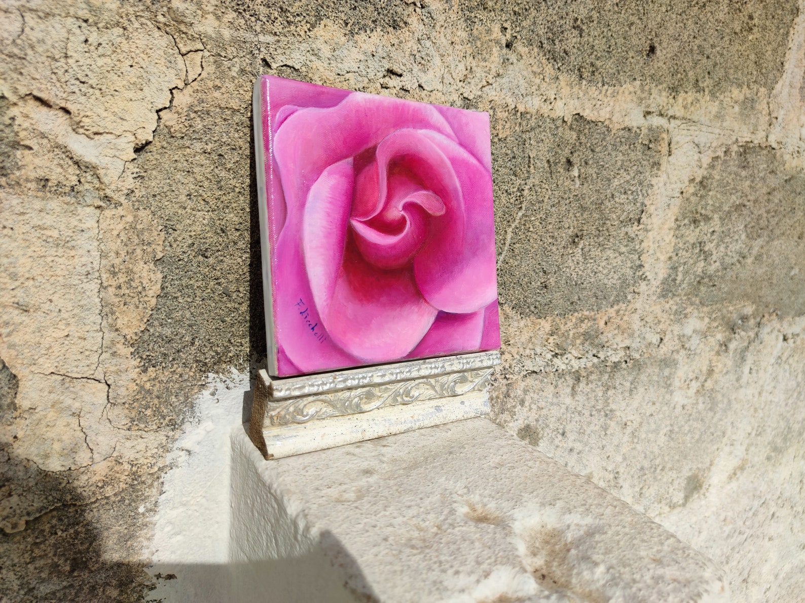 Rose Painting Oil on Canvas, Small Painting Pink Rose Square Canvas Oil ...