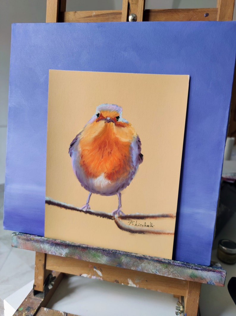 Robin Drawing Soft Pastel Original, Small Painting Robin on the Branch ...
