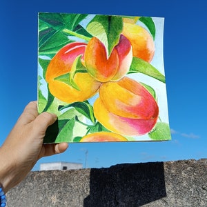 Peach Watercolor Peach Tree Painting Square Peach and Leaves Watercolor ...