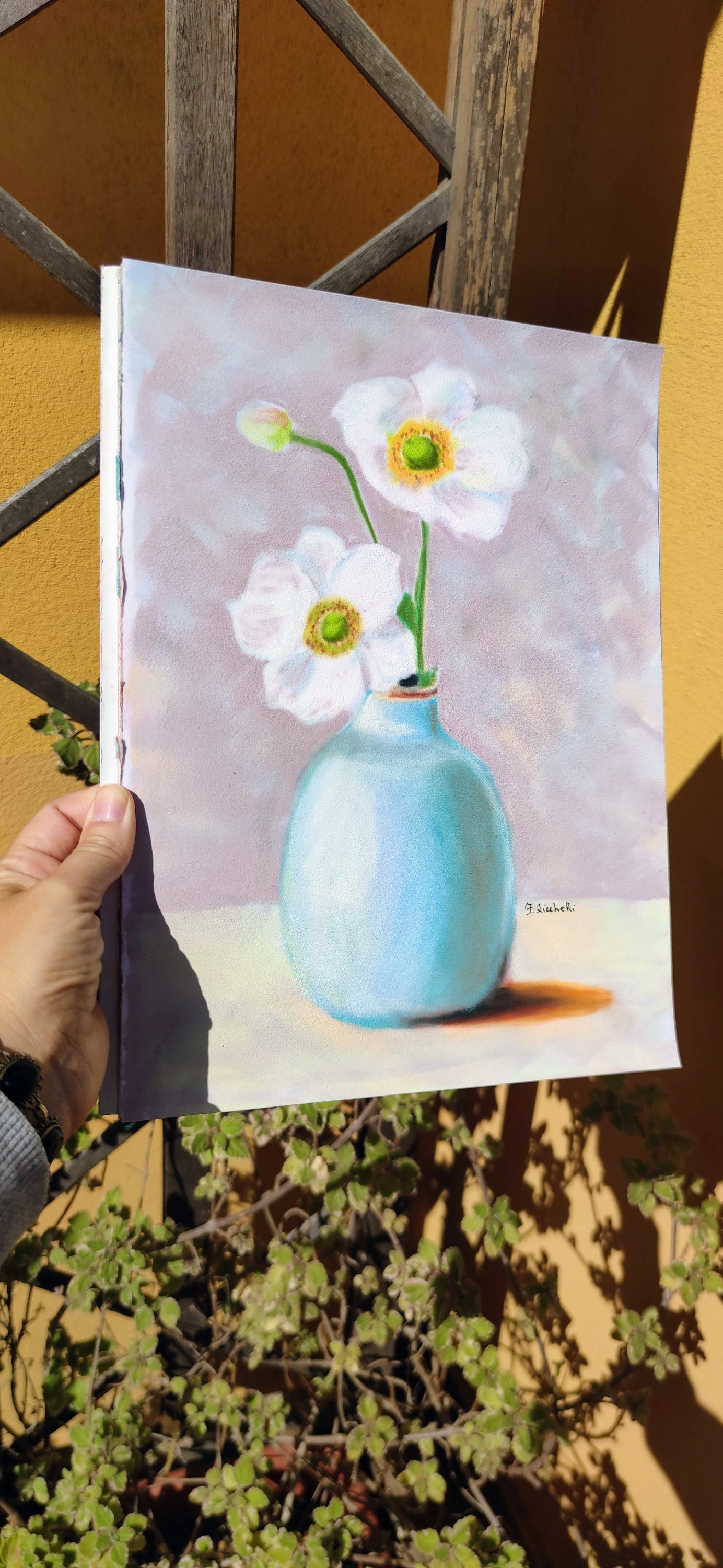 Floral Still Life Soft Pastel Drawing White Flower Painting Blue Vase ...