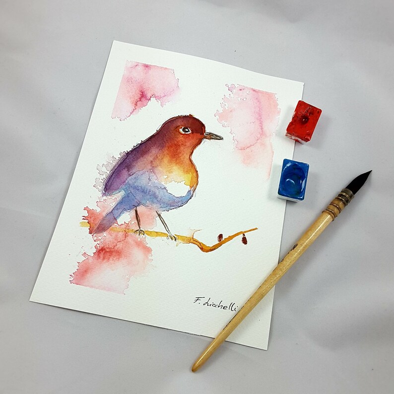 Redbreast Watercolor Painting, Little Robin on the Branch Art ...