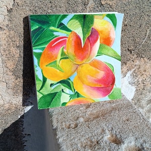 Peach Watercolor Peach Tree Painting Square Peach and Leaves Watercolor ...