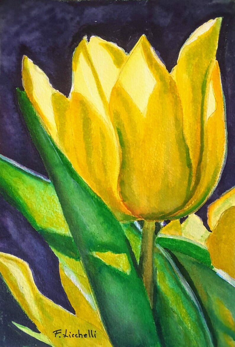 Yellow Tulip Watercolor Original, Tulip Painting Yellow, Gift Art ...