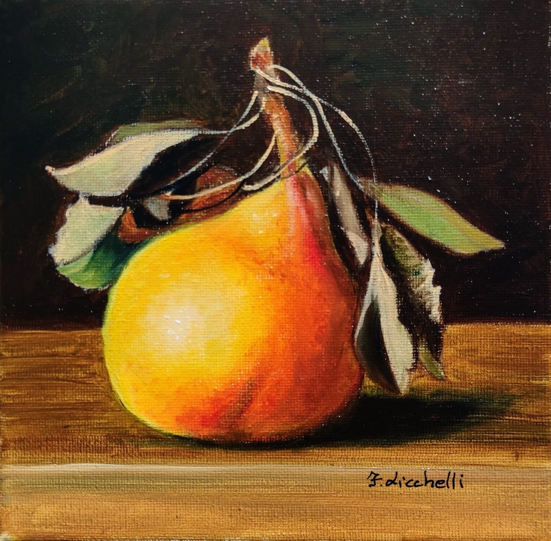 Pear Painting Still Life Original Single Yellow Pear With Leaves ...