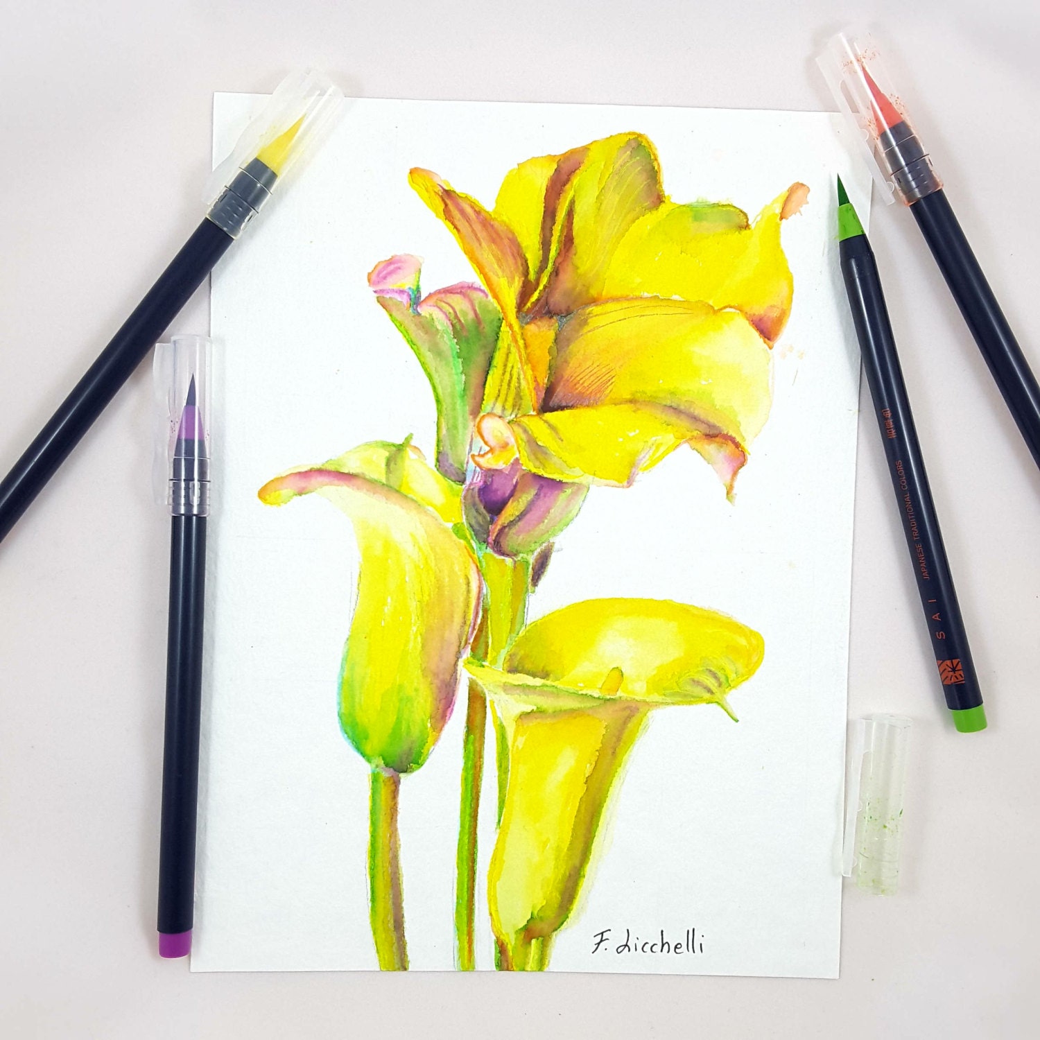 Yellow Callas Watercolor Floral Original Painting Watercolor on Paper ...
