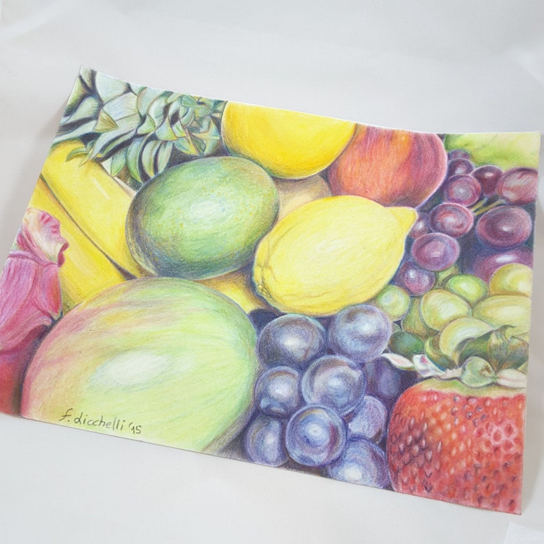 Fruits pencils drawing colored pencils on velvet paper still | Etsy