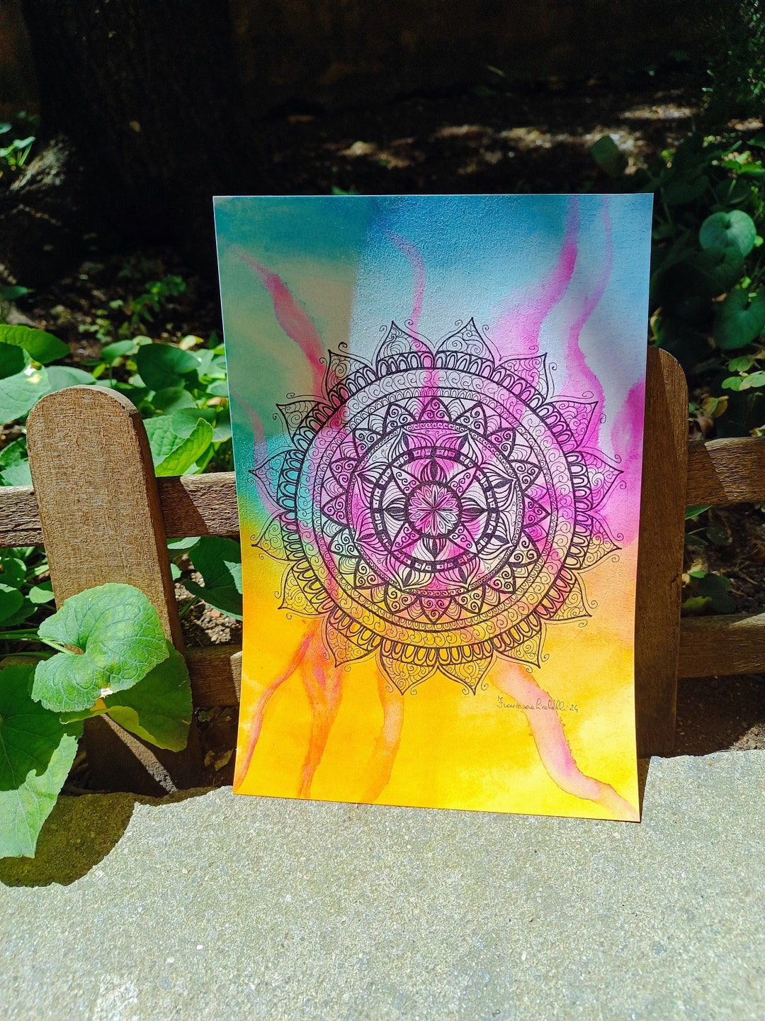 Mandala Drawing With Watercolor Background Original Art Micro Ink Pen ...