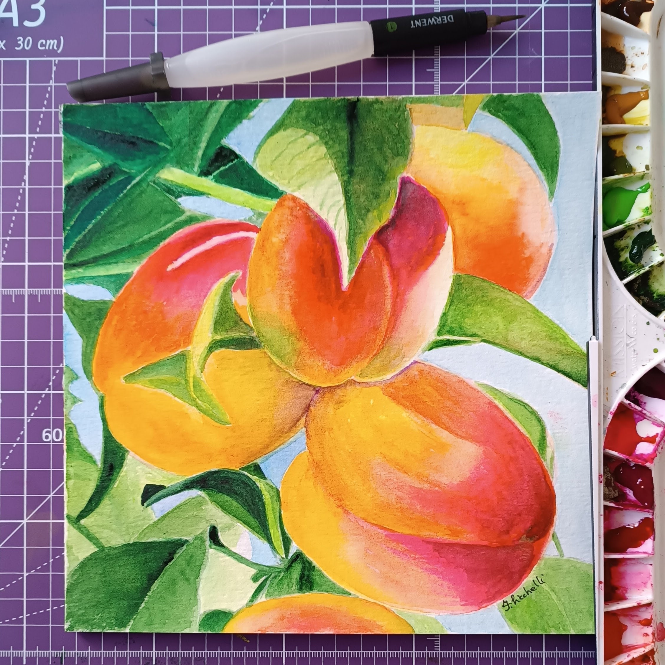 Peach Watercolor Peach Tree Painting Square Peach and Leaves Watercolor ...