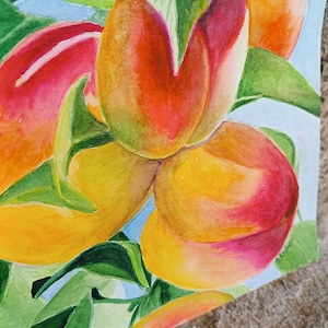 Peach Watercolor Peach Tree Painting Square Peach and Leaves Watercolor ...