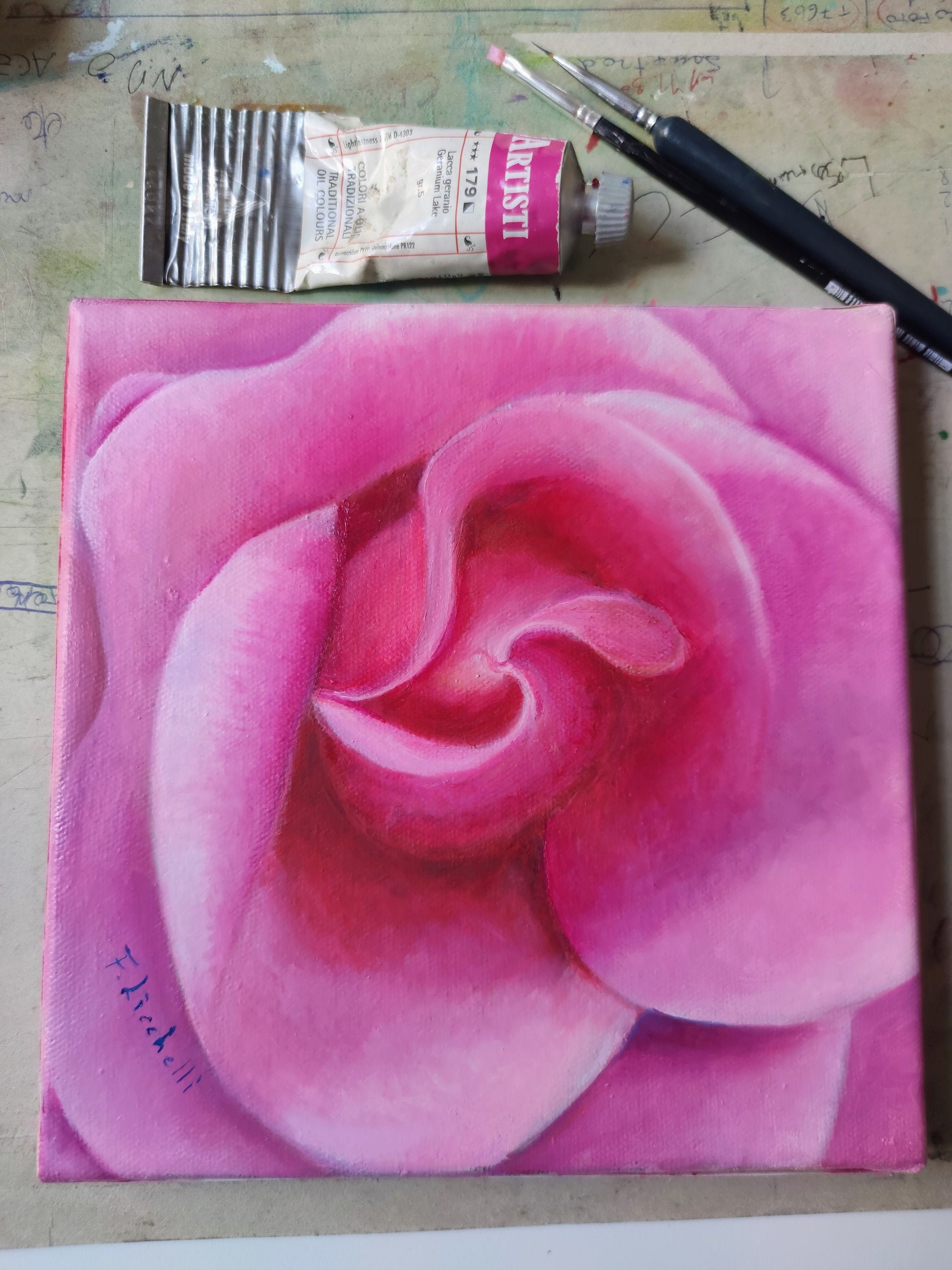 Rose Painting Oil on Canvas, Small Painting Pink Rose Square Canvas Oil ...