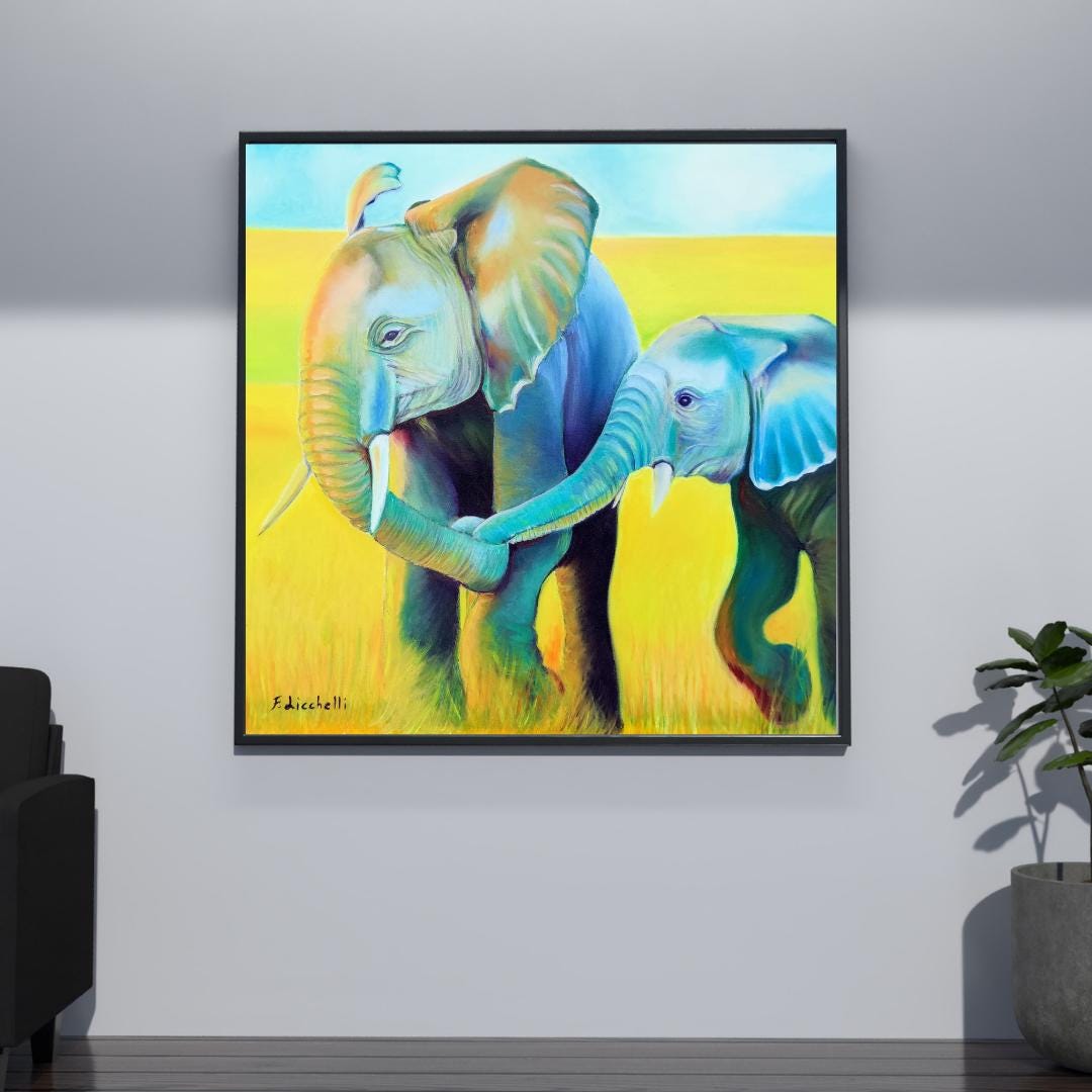 Elephant Painting, Animal Wall Art, Safari Decor, Mother and Baby ...