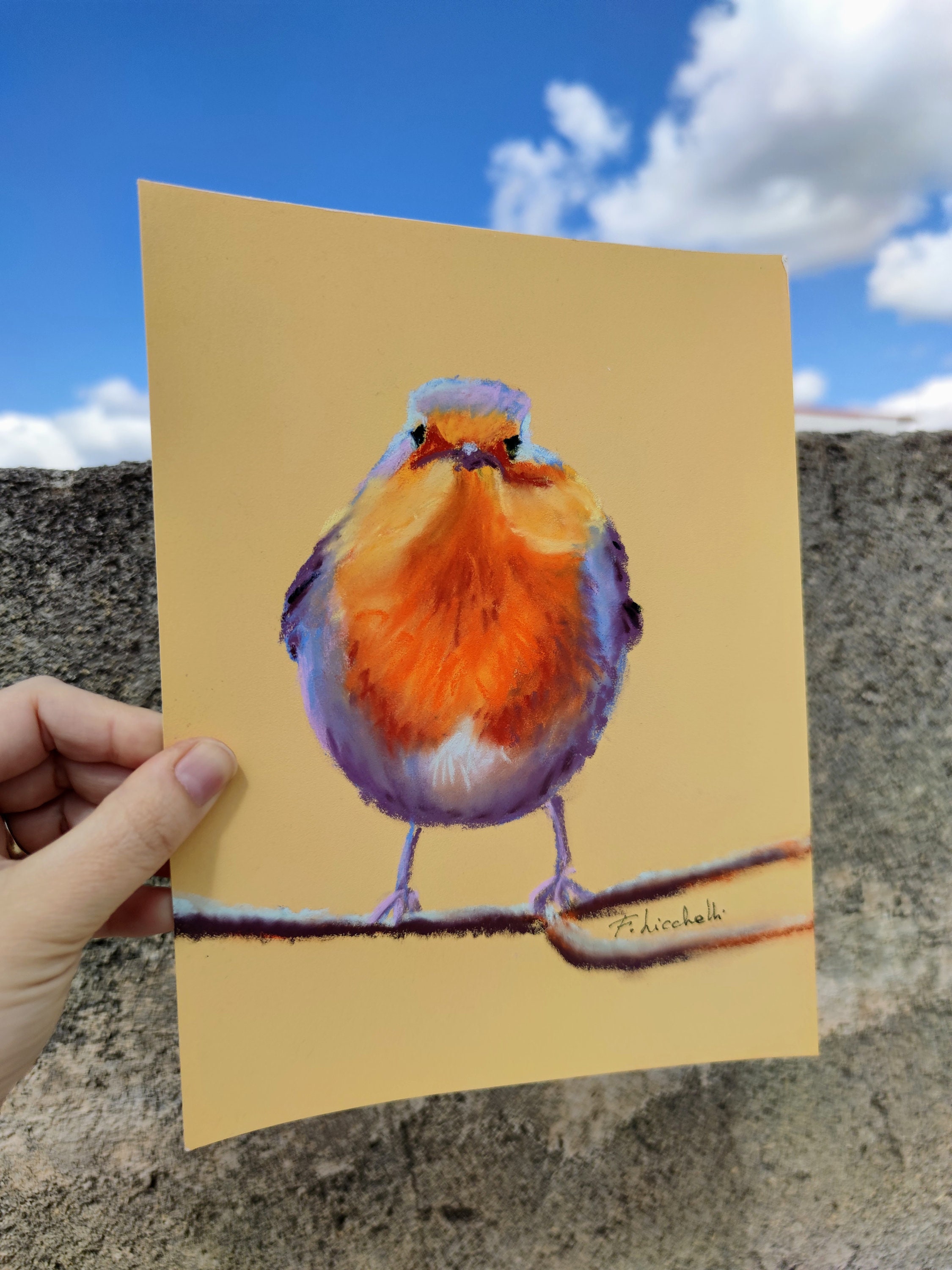 Robin Drawing Soft Pastel Original, Small Painting Robin on the Branch ...