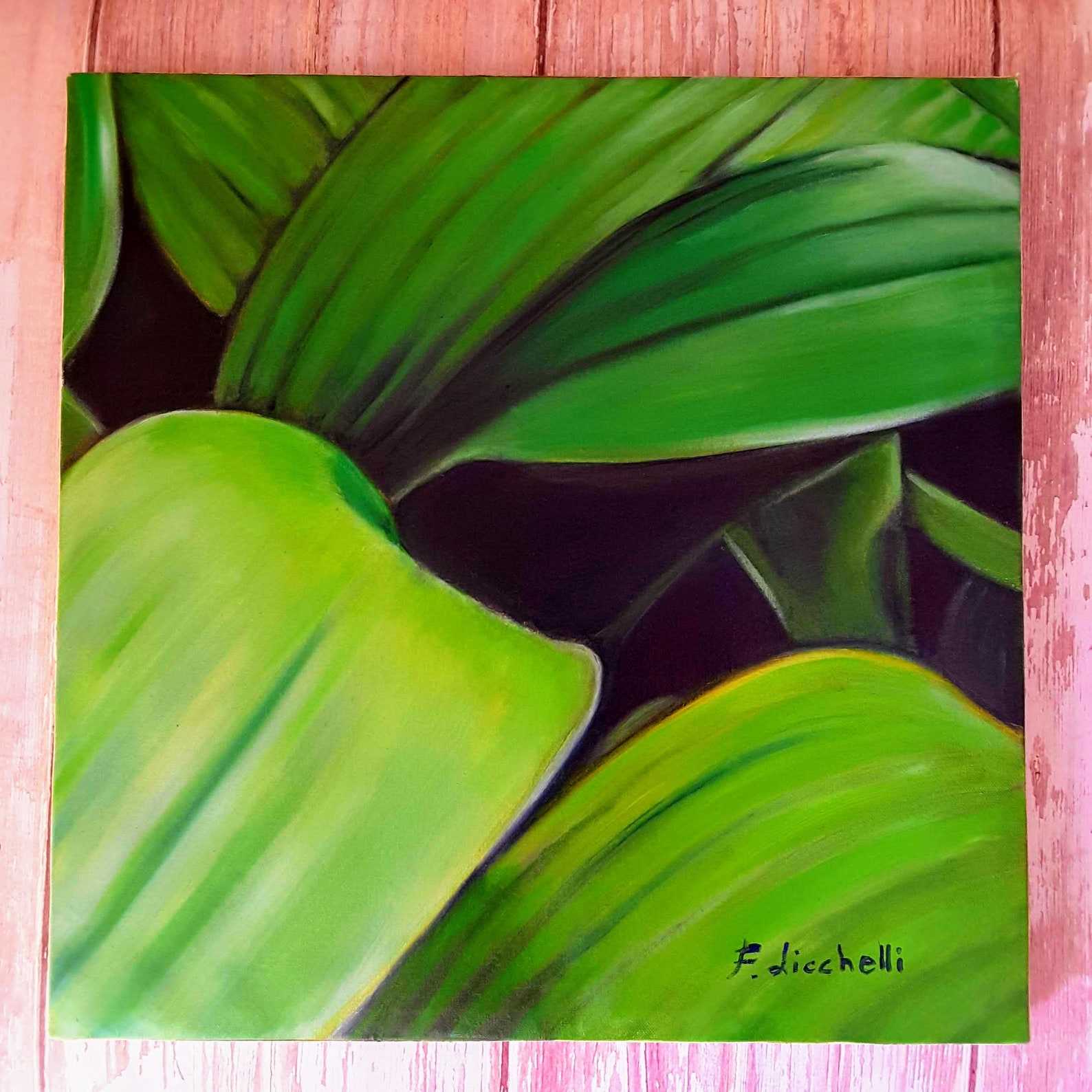 Green Leaves Oil Painting, Original Art on Canvas, Oil on Canvas Plant ...