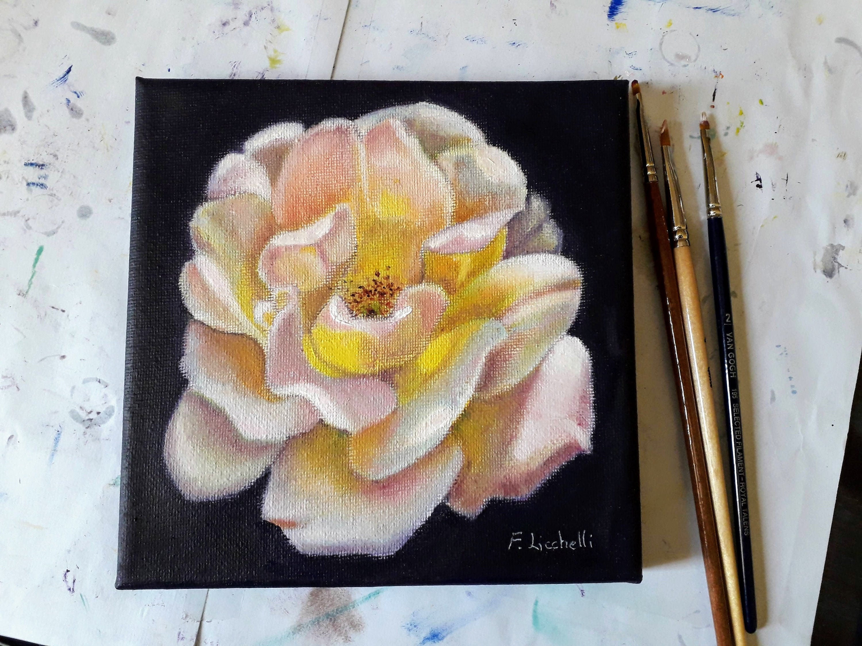 White Rose Oil on Canvas, Single Rose Painting, Tiny Canvas Floral Art ...