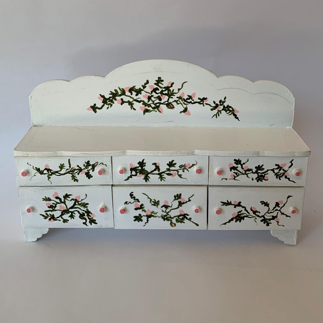 Unique Vanity Long Dresser Art Nouveau White With Hand Painted Pink ...
