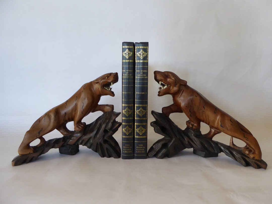Vintage Pair of Bookends Featuring Tigers Carved From One Piece of Wood ...