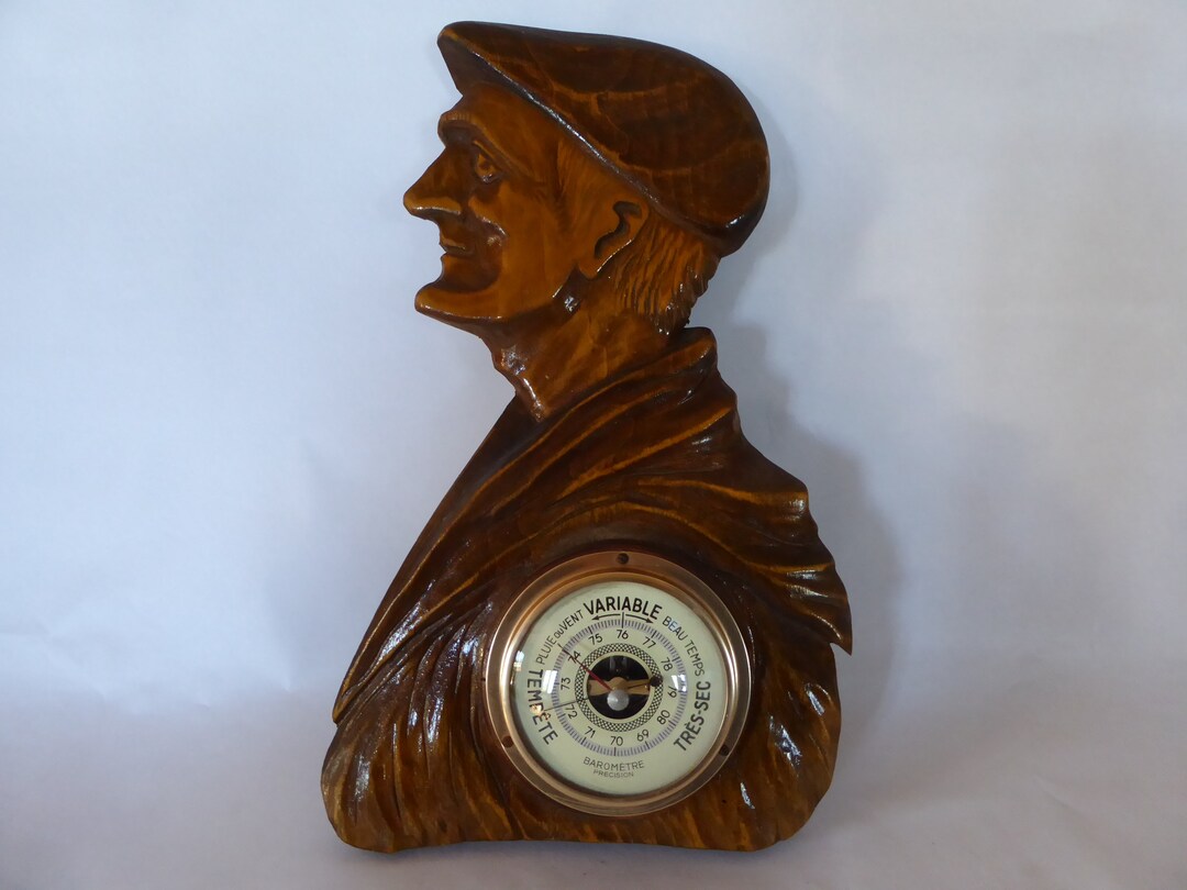 Vintage French Wall Hanging Barometer Featuring a Carving of a Man's ...