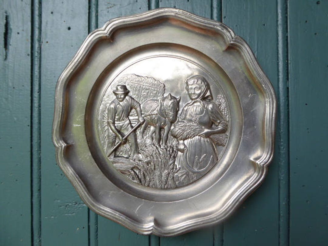 Vintage French Pewter Wall Plaque,rural Scene, Decorative Wall Hanging ...