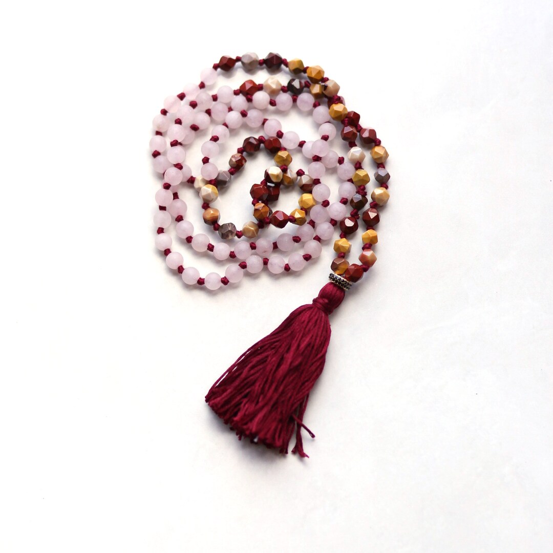 LOVING Mantra Necklace | Mala Bead 108 | Rose Quartz Brown Jasper Mala ...