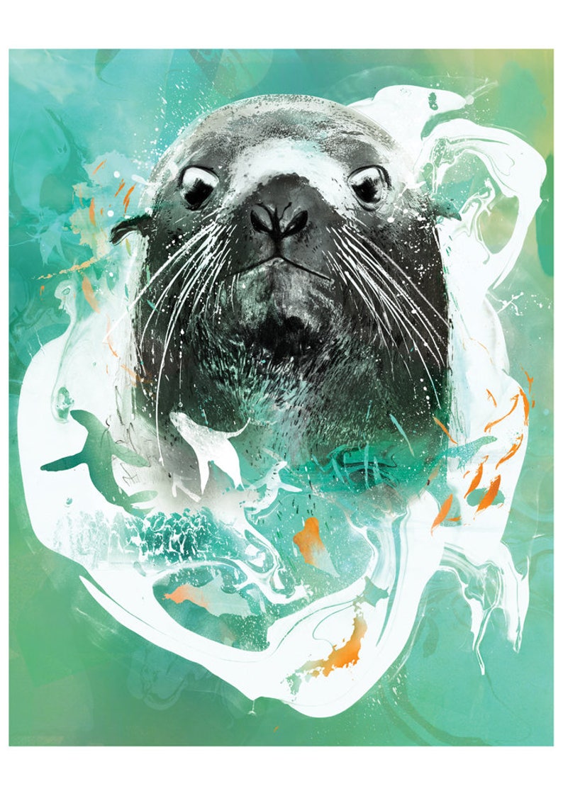 Sea Lion Seal Art Print Poster Marbled Watercolour Nature Wildlife Wall ...