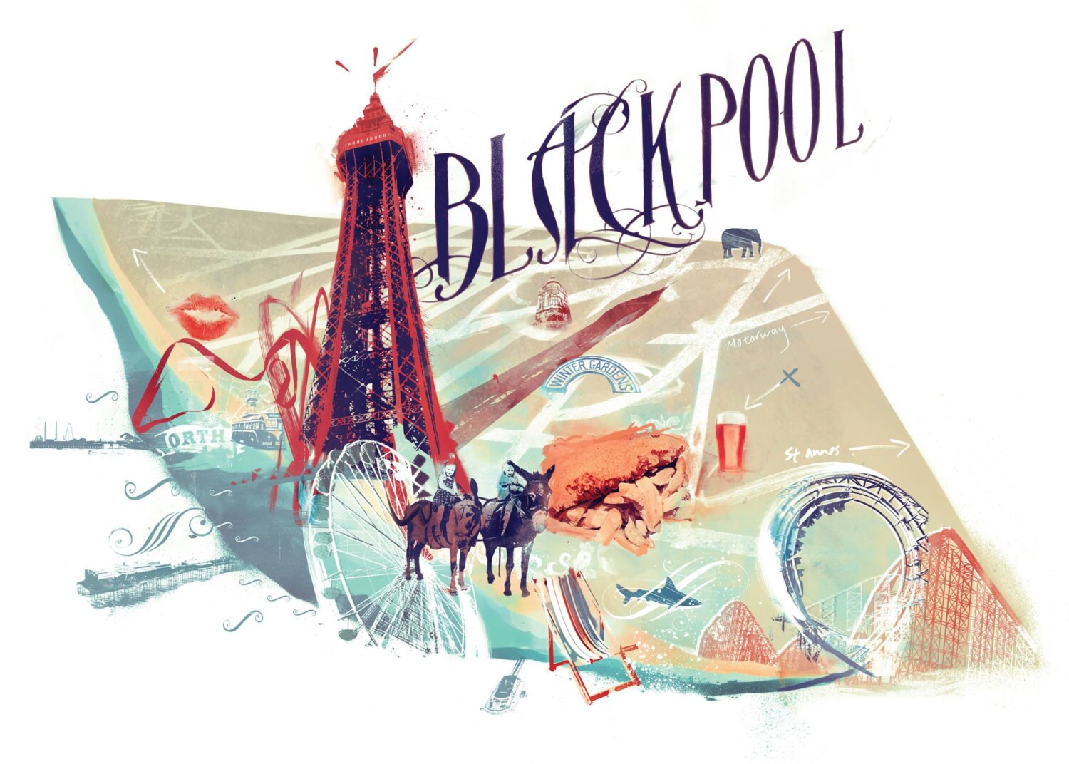 Vintage Blackpool Seaside Illustrated Map, England! A3 Poster Print ...
