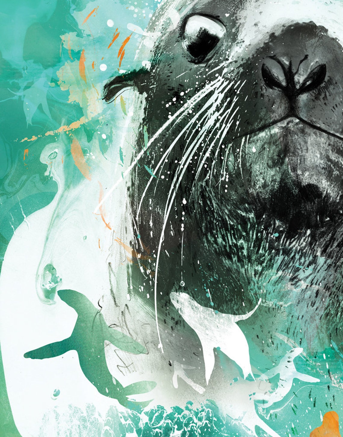 Sea Lion Seal Art Print Poster Marbled Watercolour Nature Wildlife Wall ...