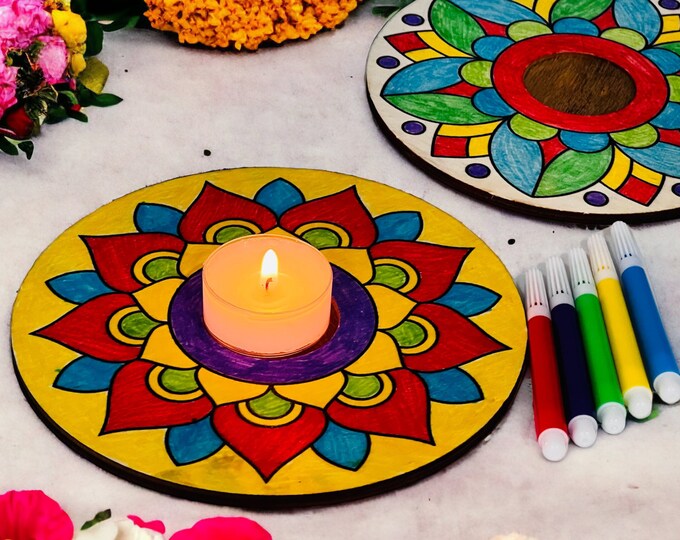 Diwali Rangoli Coloring Kit With Tea Light Holder | 2 Pieces per Set ...