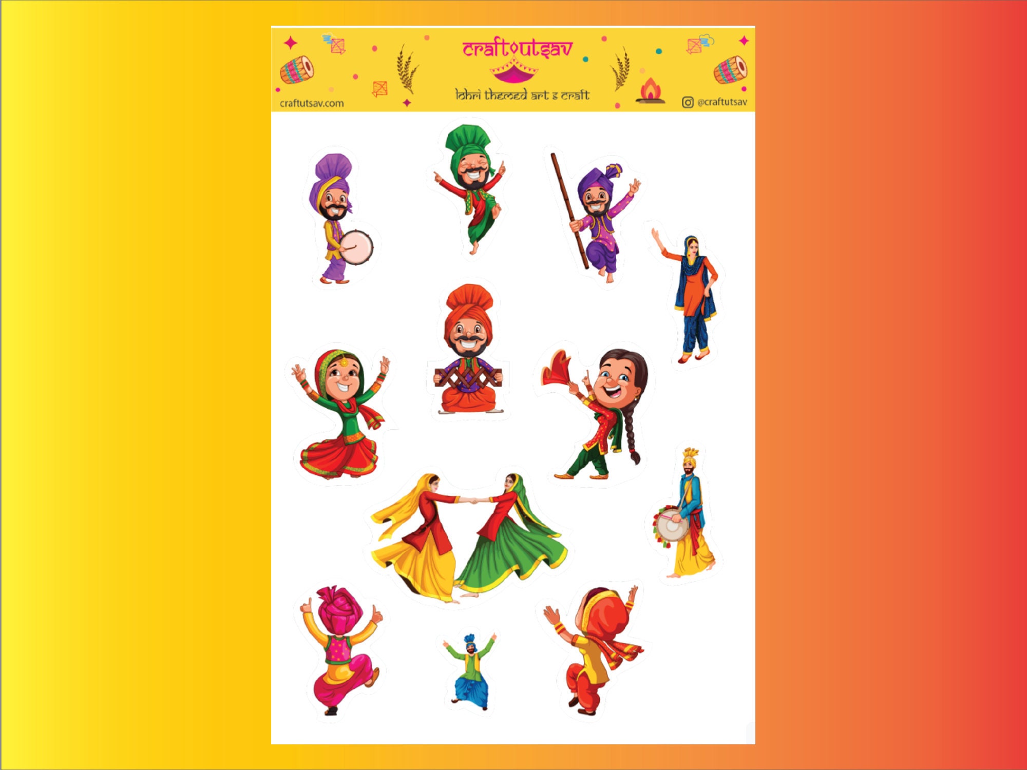 Lohri Dance Stickers - 12 Stickers on 1 Sticker Sheet - Bhangra ...