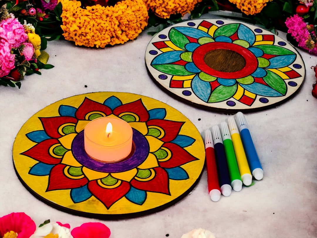 Diwali Rangoli Coloring Kit With Tea Light Holder | 2 Pieces per Set ...