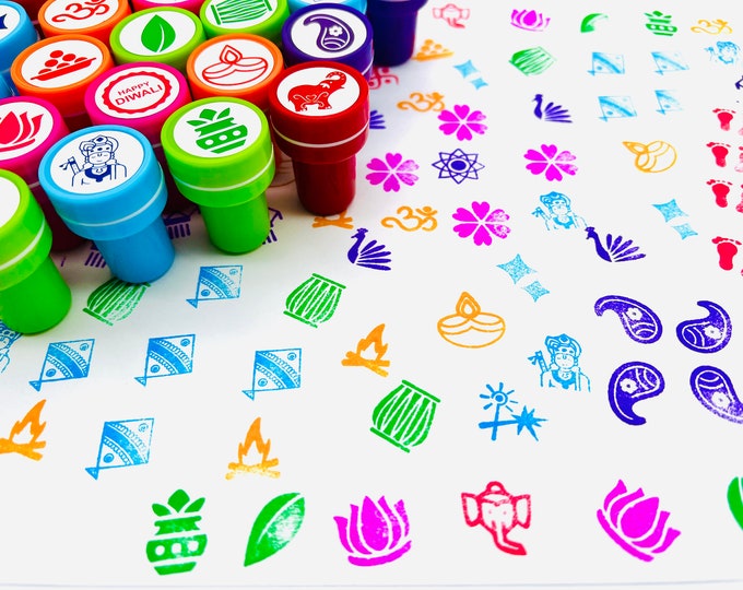Diwali Art Self-ink Stamps for Kids 24 Unique Indian Themed Designs, 6 ...