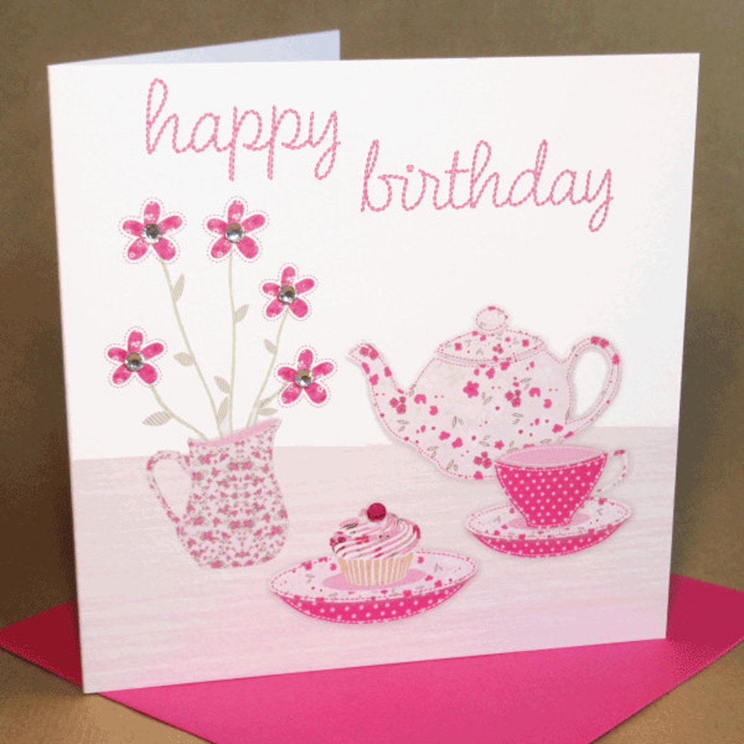 Tea Party Birthday Card Jewelled Birthday Card for Woman/girl - Etsy