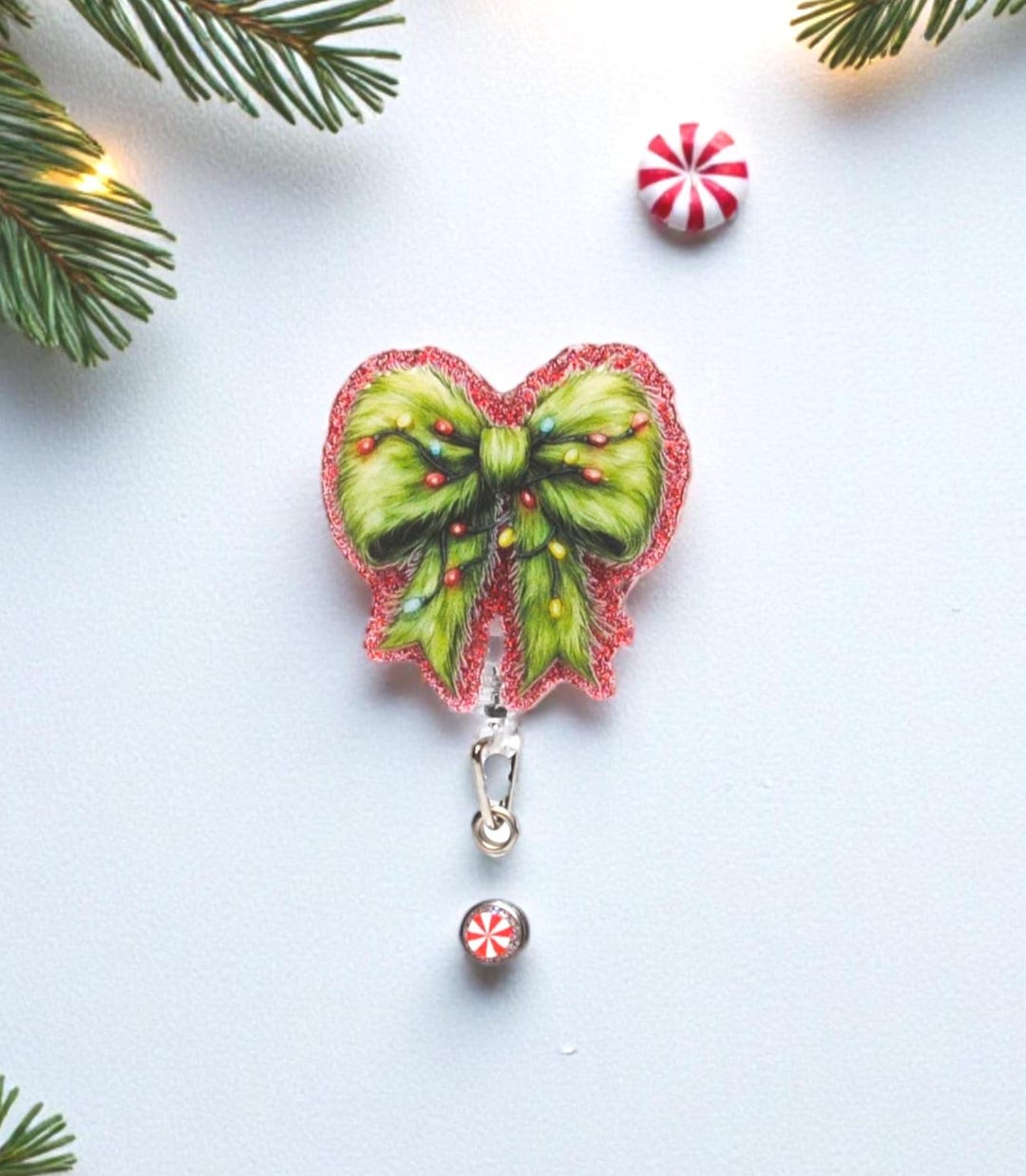 Furry Green Bow With Christmas Lights, Winter and Christmas Badge Reel ...