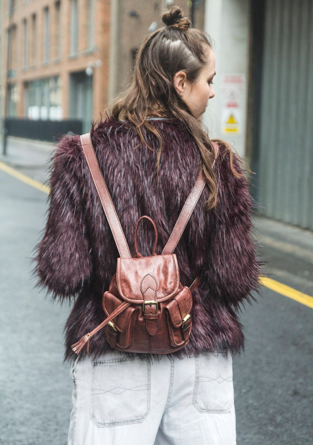 80's Style Mini Rucksack Backpack | Stressed Brown Gloss Leather - Etsy