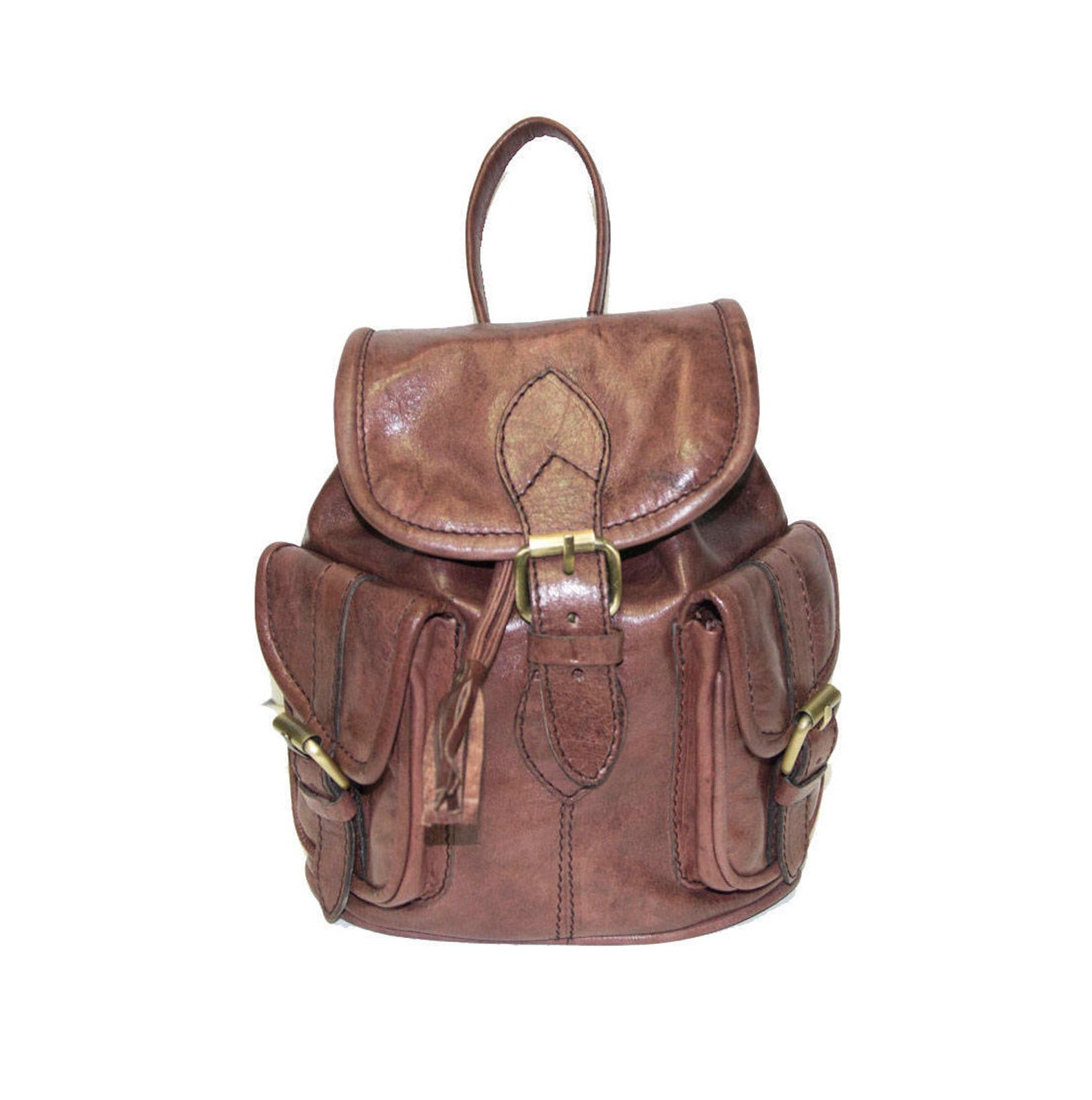 80's Style Mini Rucksack Backpack Stressed Brown Gloss | Etsy