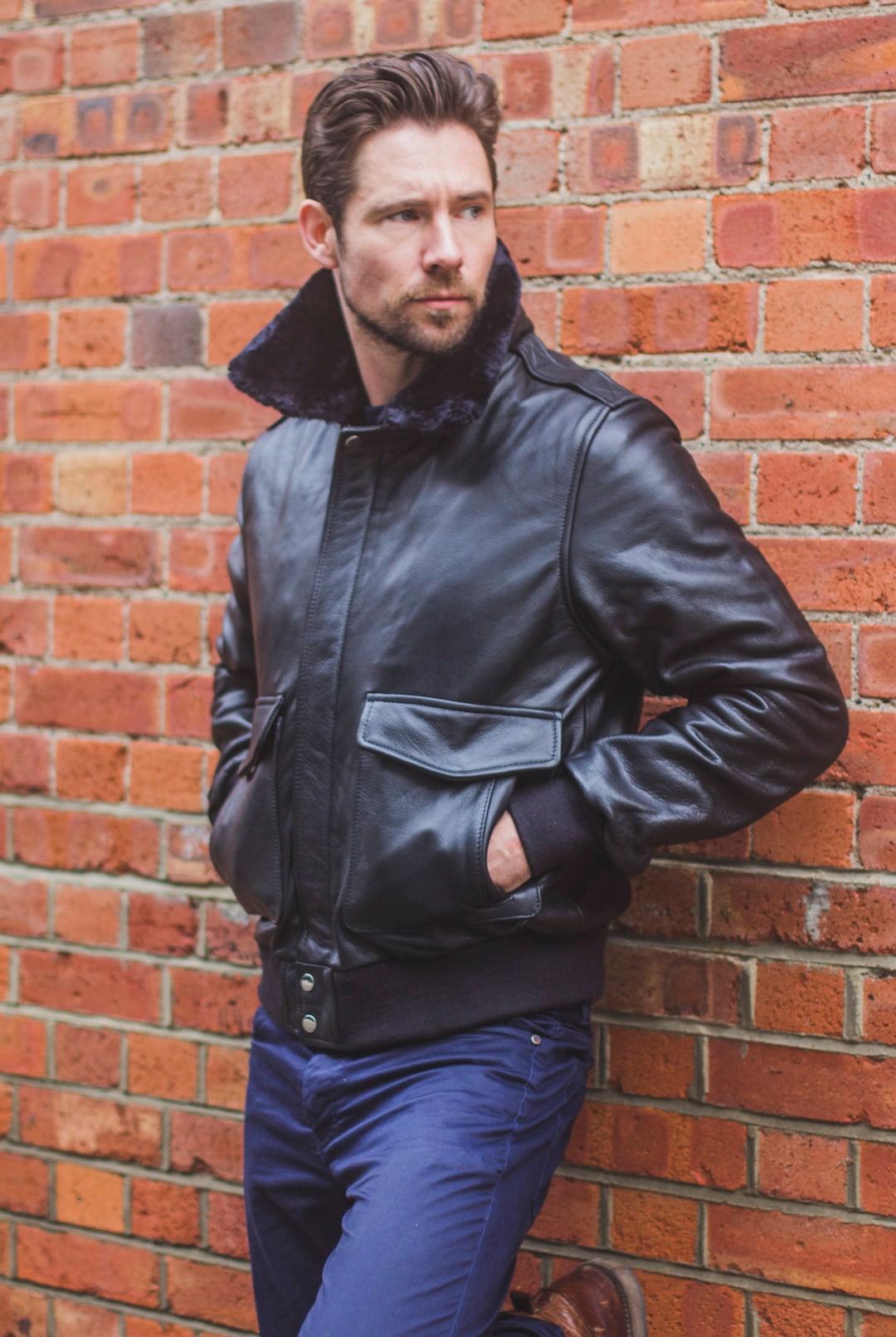Black Leather & Shearling Collar G-1 Pilot Aviator Jacket (removable ...