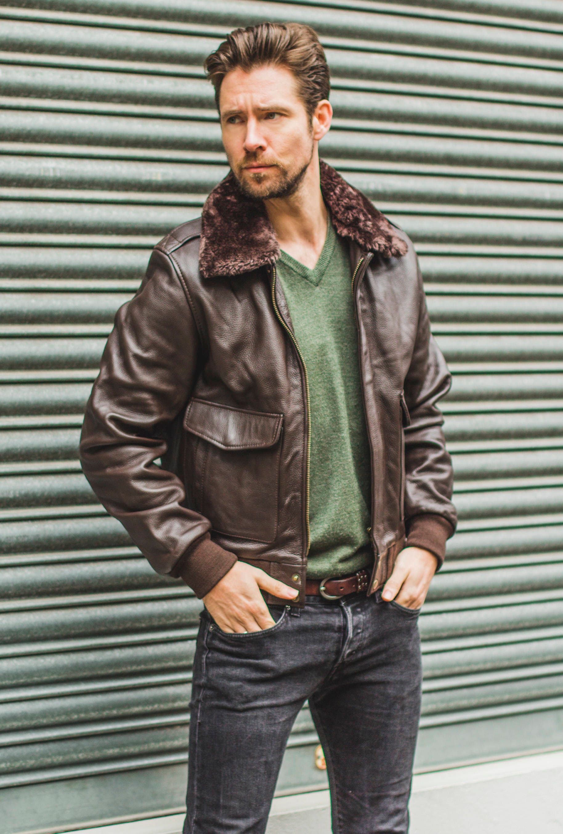Brown Leather & Shearling Collar G-1 Pilot Aviator Jacket (removable ...