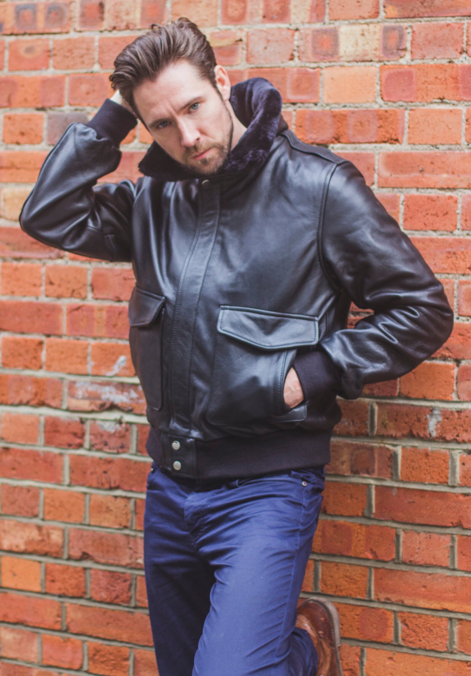 Black Leather & Shearling Collar G-1 Pilot Aviator Jacket (removable ...
