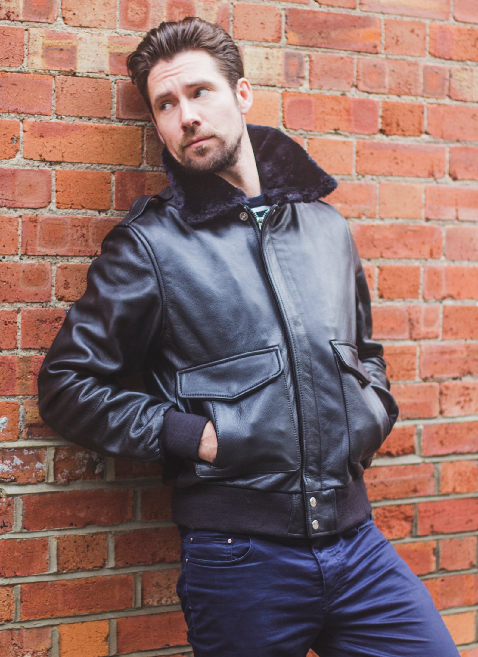 Black Leather & Shearling Collar G-1 Pilot Aviator Jacket (removable ...