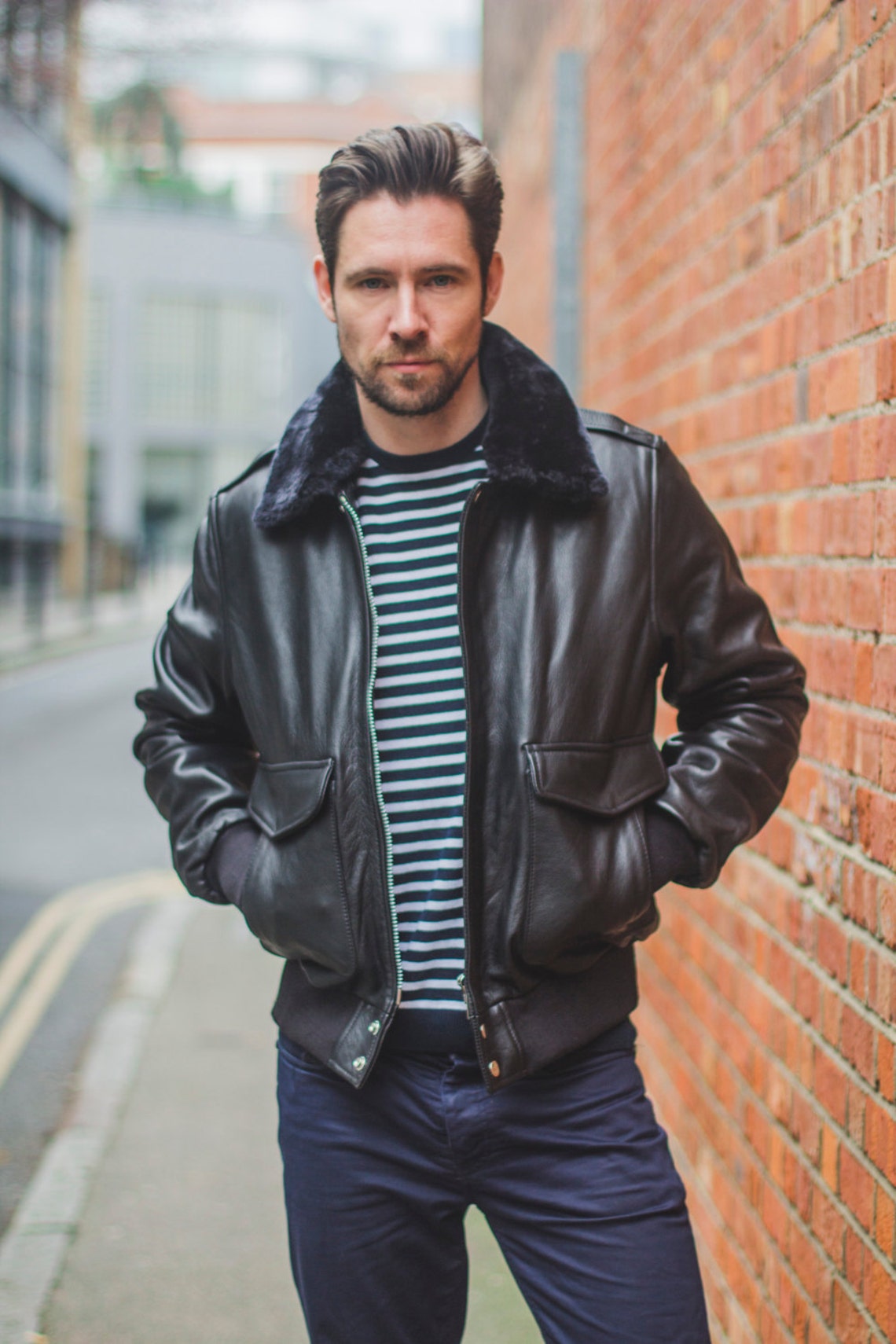 Black Leather & Shearling Collar G-1 Pilot Aviator Jacket (removable ...