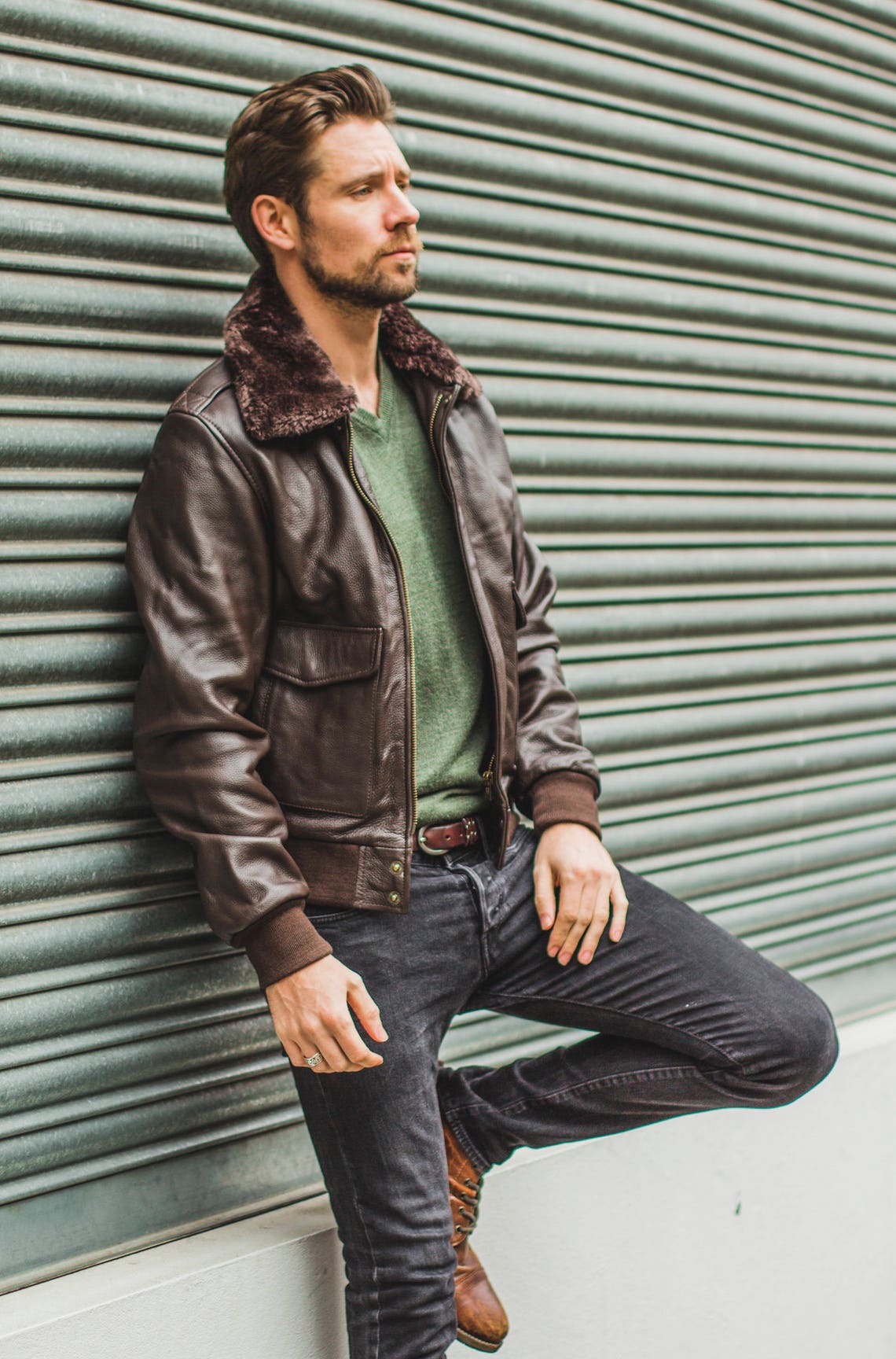 Brown Leather & Shearling Collar G-1 Pilot Aviator Jacket (removable ...