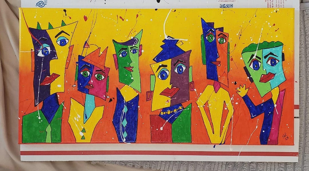 Abstract Painting Original Signed "partying With Friends" Acrylic Ink ...